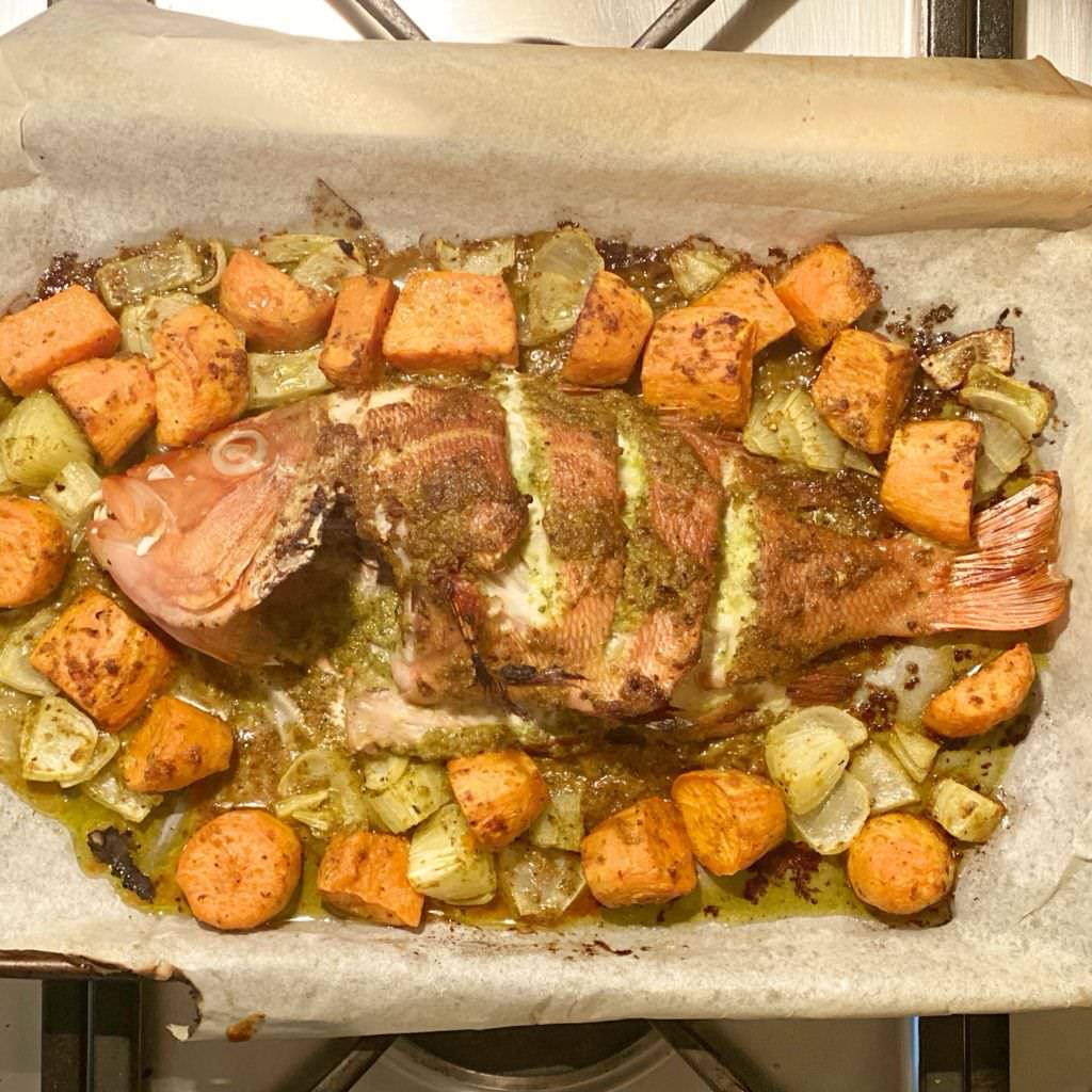 Herbed Red Roman with Sweet Potatoes & Onions - Mother City Fish